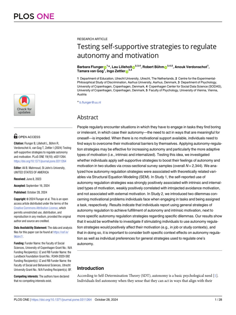 Testing Self-Supportive Strategies To Regulate Autonomy and Motivation ...