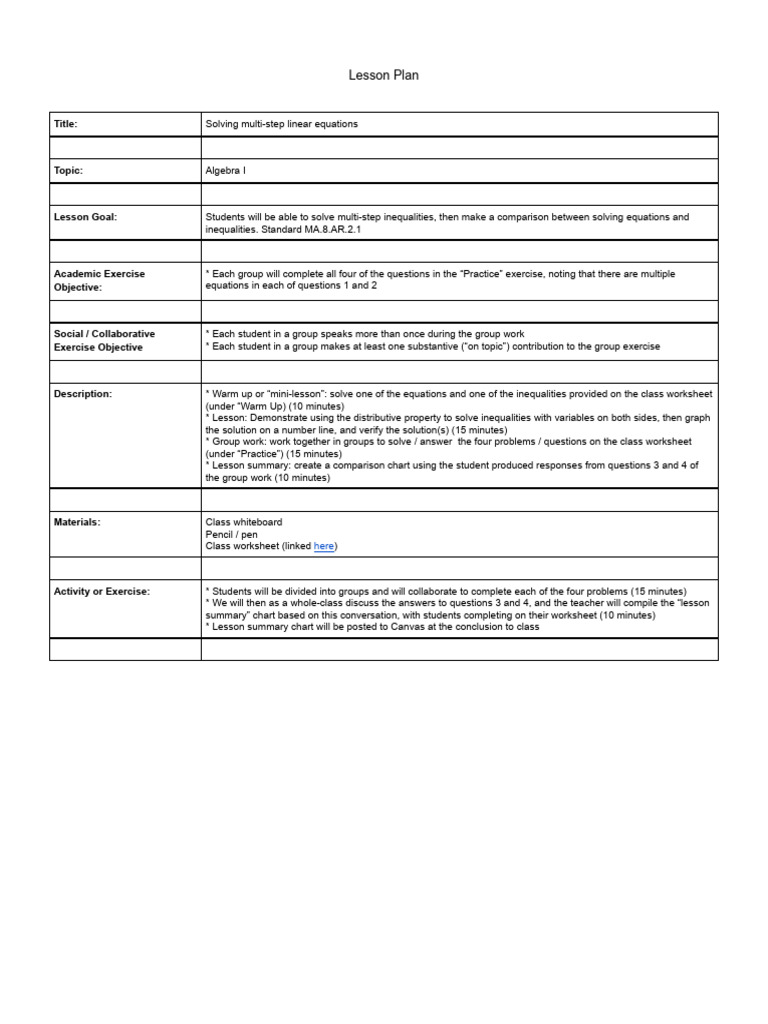 Lesson Plan - Solving Multi-Step Linear Equations | PDF