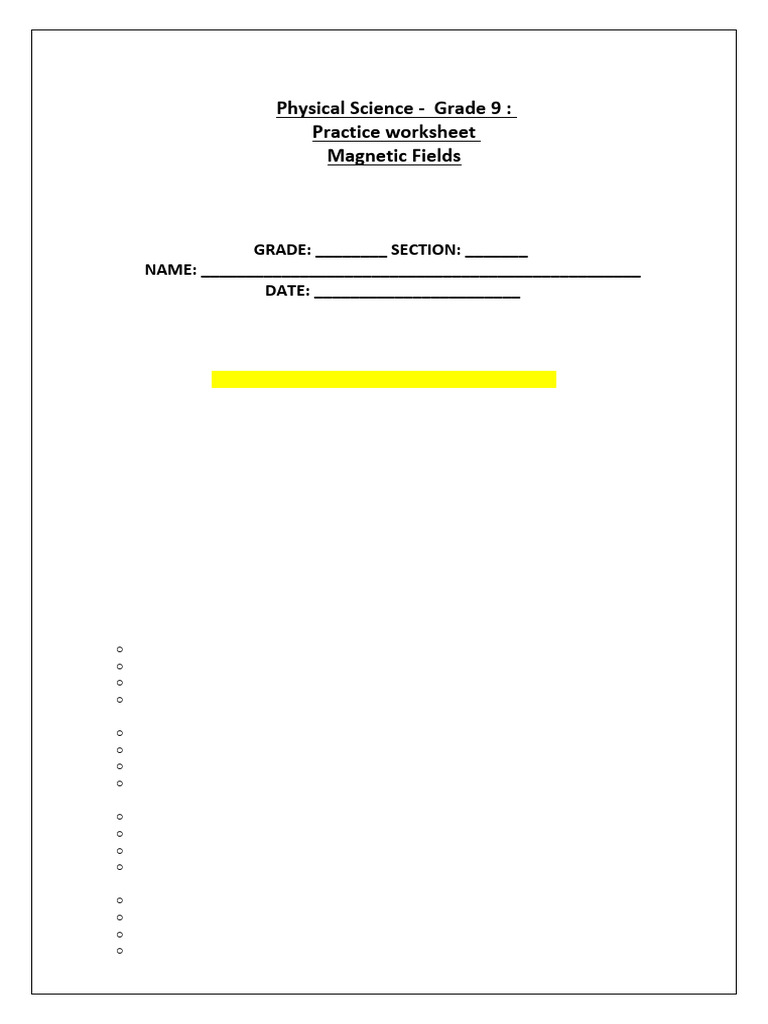 Grade 9 Magnetic Fields Worksheet | PDF | Magnetic Field | Magnetism