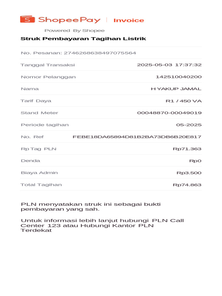 Invoice: Struk Pembayaran Tagihan Listrik | PDF