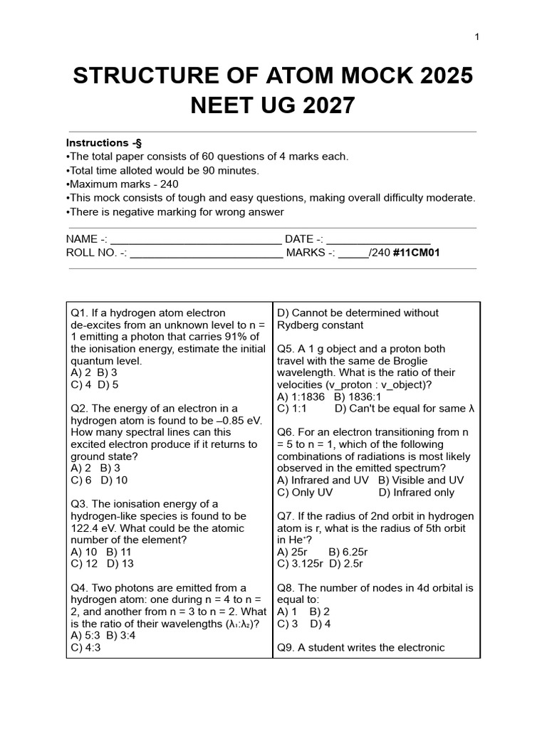 Atomic Structure NEET PAPER | PDF | Atomic Orbital | Electron