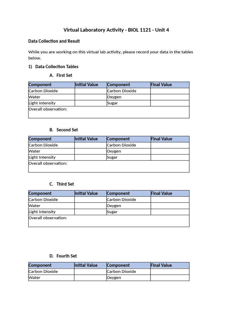 Virtual Lab Data Collection for BIOL 1121 | PDF