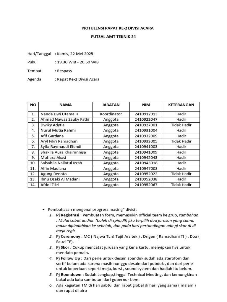 Notulensi Rapat Ke 2 Divisi Acara | PDF