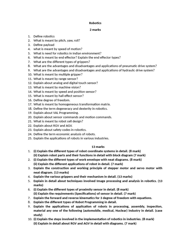 Robotics Important Questions For Semester Exam | PDF | Robotics | Robot
