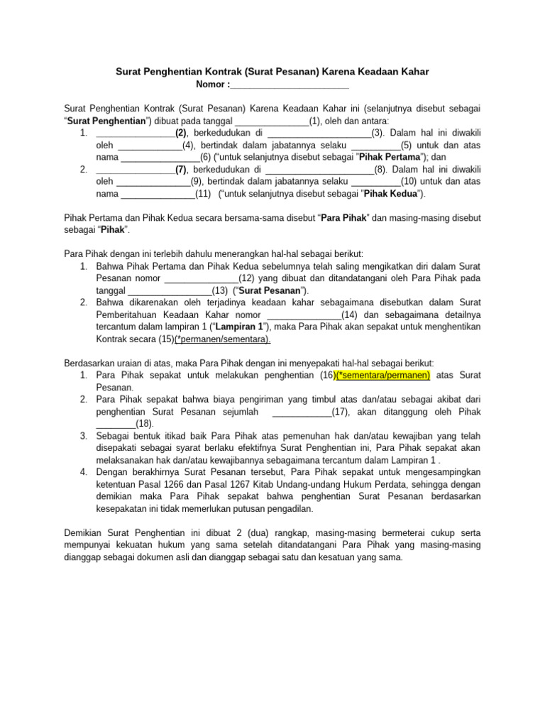 Draft - Surat Penghentian Pesanan Keadaan Kahar | PDF