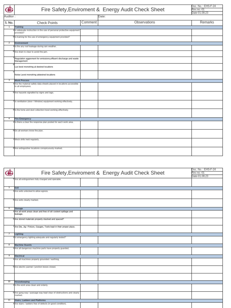 EHS-24- Safety ,Energy & Enviroment Audit Check Sheet | PDF | Fire Safety | Lighting