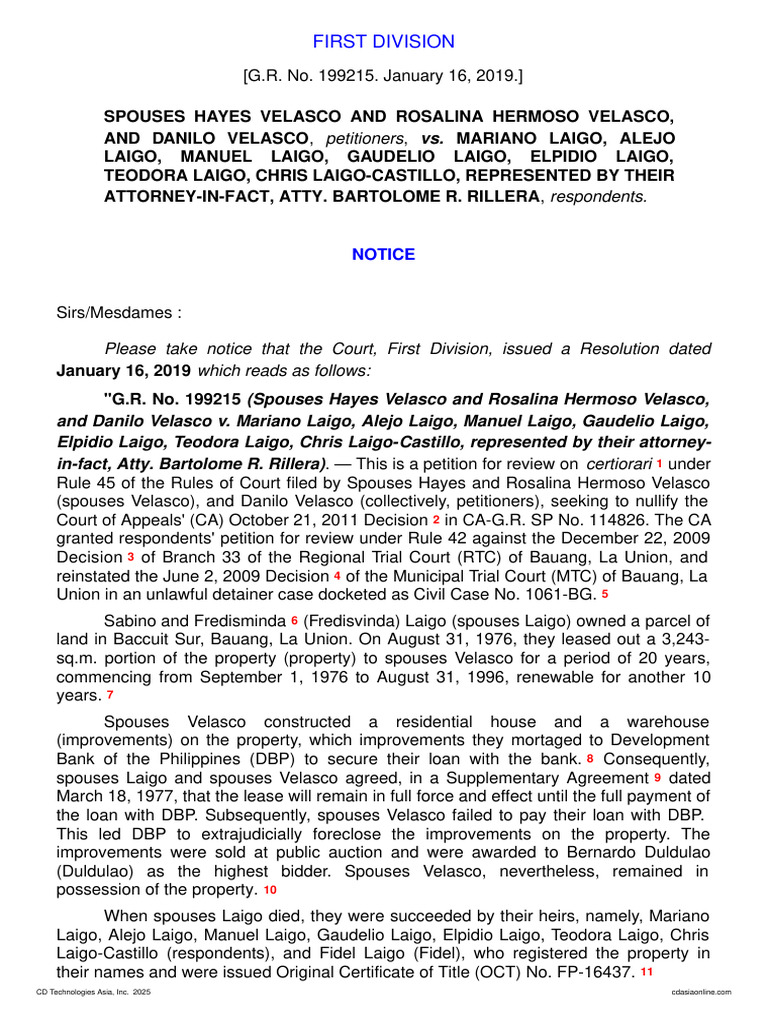 Velasco vs. Laigo: Lease Dispute Ruling | PDF | Lease | Lawsuit