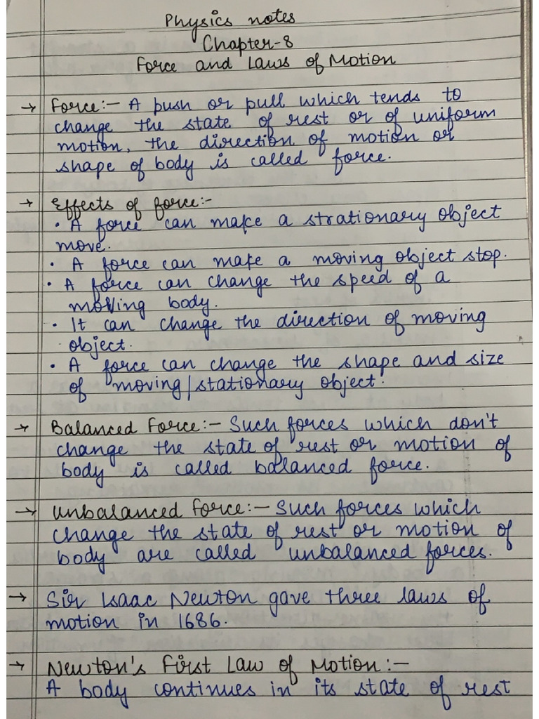 Science Notes Lesson Force and Laws of Motion | PDF