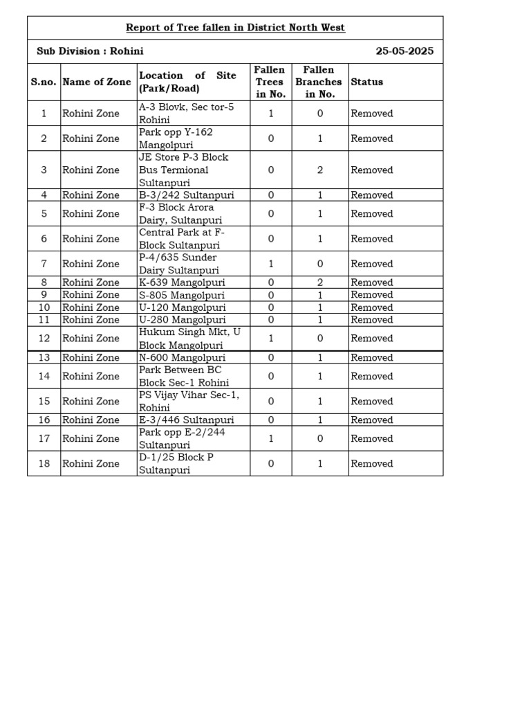 Rohini Tree Fallen Report as on 25.05.2025 | PDF