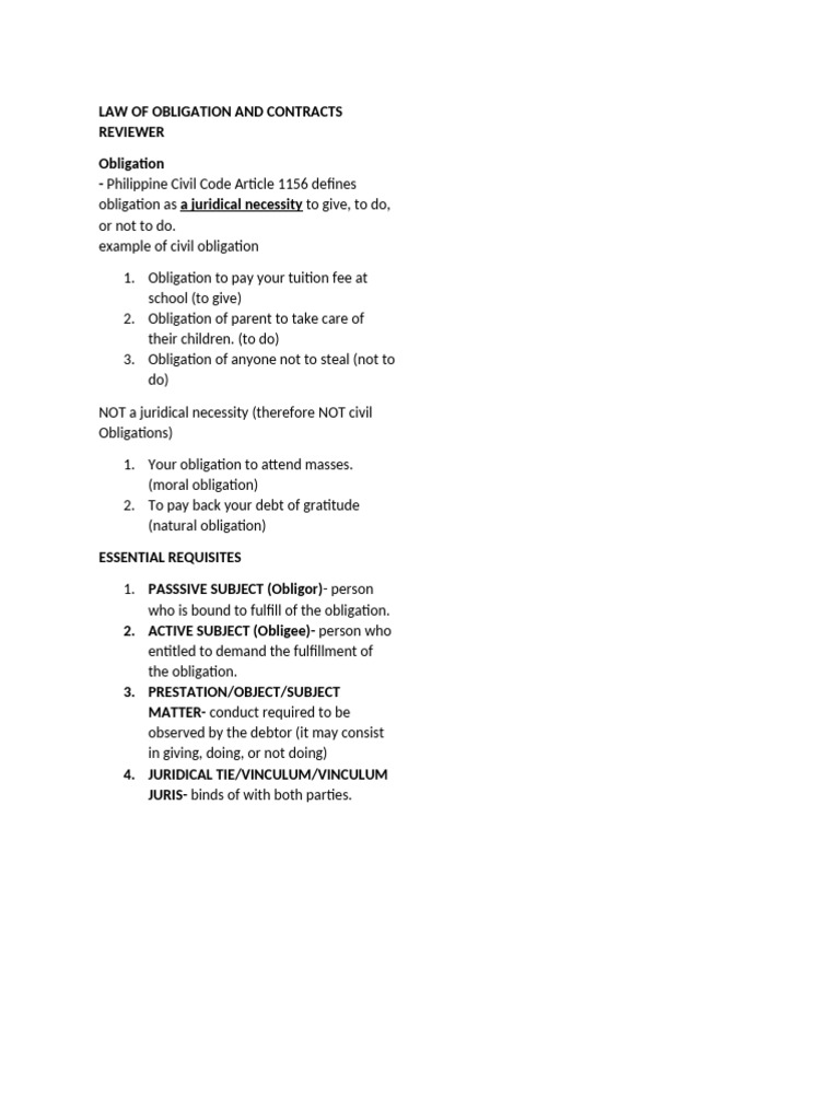 Law of Obligation and Contracts Reviewer | PDF