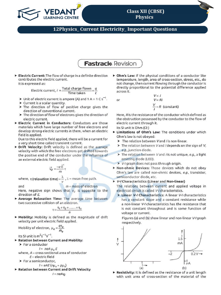12physics - Current Electricity - Important Questions | PDF