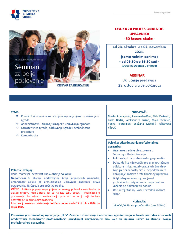 28.10 - 05.11.24-Obuka Za Profesionalnog Upravnika | PDF