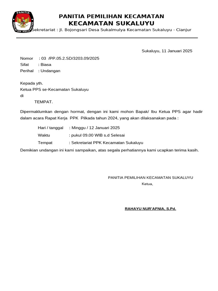 Undangan Rapat Kerja PPK Pilkada 2024 | PDF
