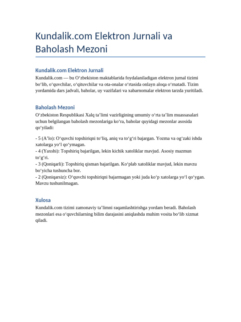 Kundalik Va Baholash Mezoni | PDF