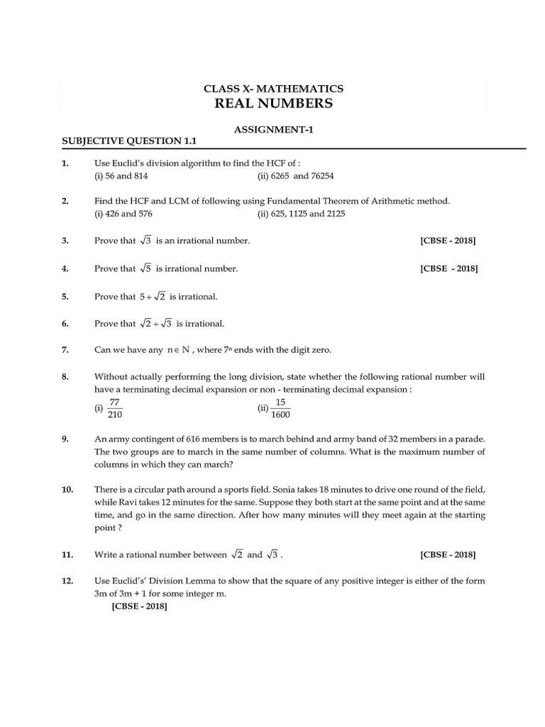 Math - Assignment-1 Class 10 TH | PDF