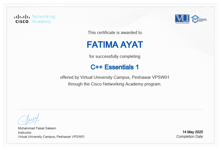 cs201 - Certificate - Fatima Ayat-Bc240400126 | PDF