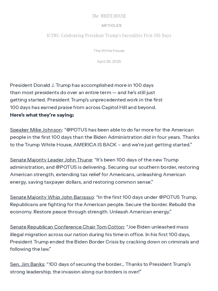 ICYMI - Celebrating President Trump's Incredible First 100 Days | PDF ...