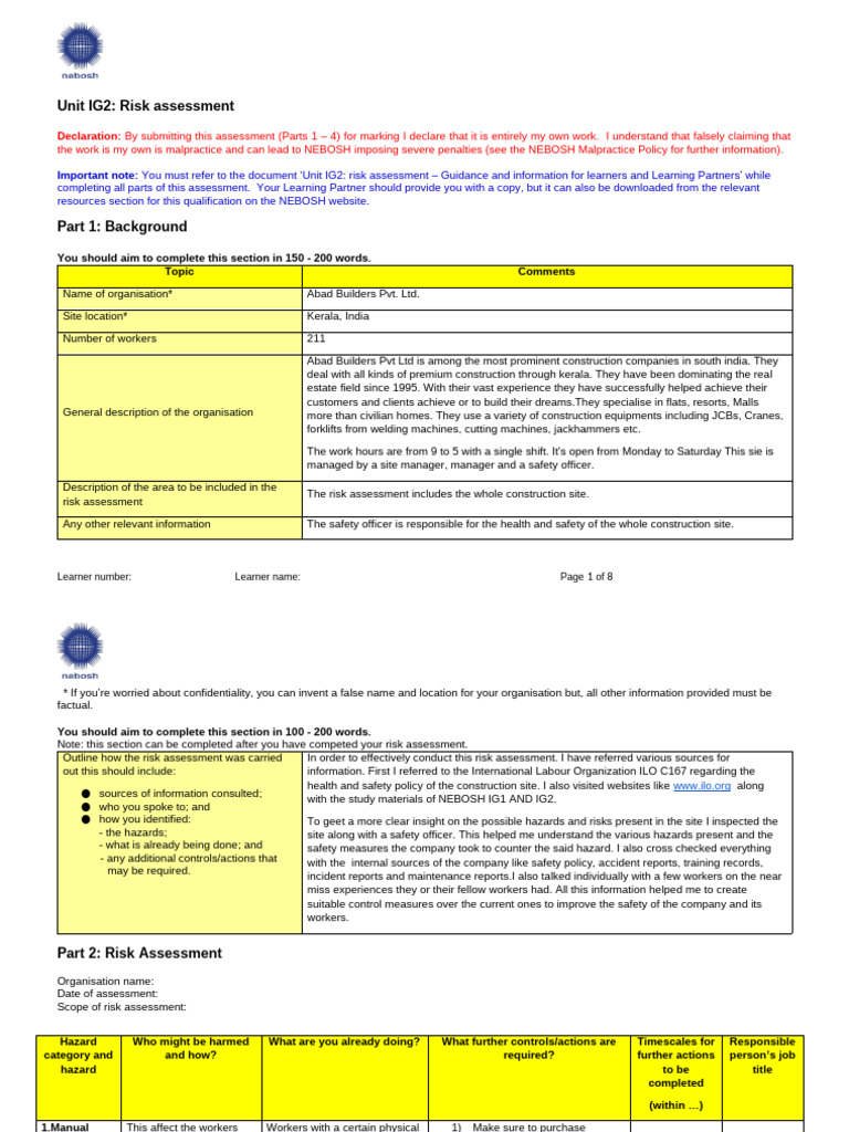 NEBOSH Risk Assessment for Construction | PDF | Risk | Safety