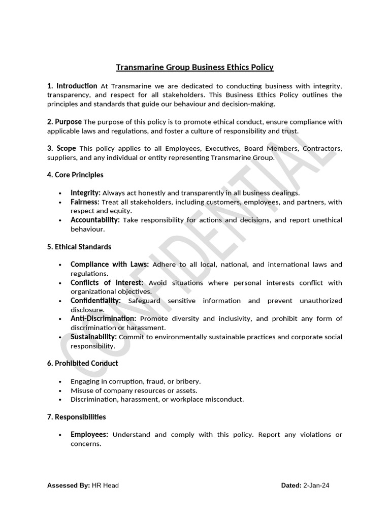 Business Ethics Policy | PDF | Business Ethics | Business