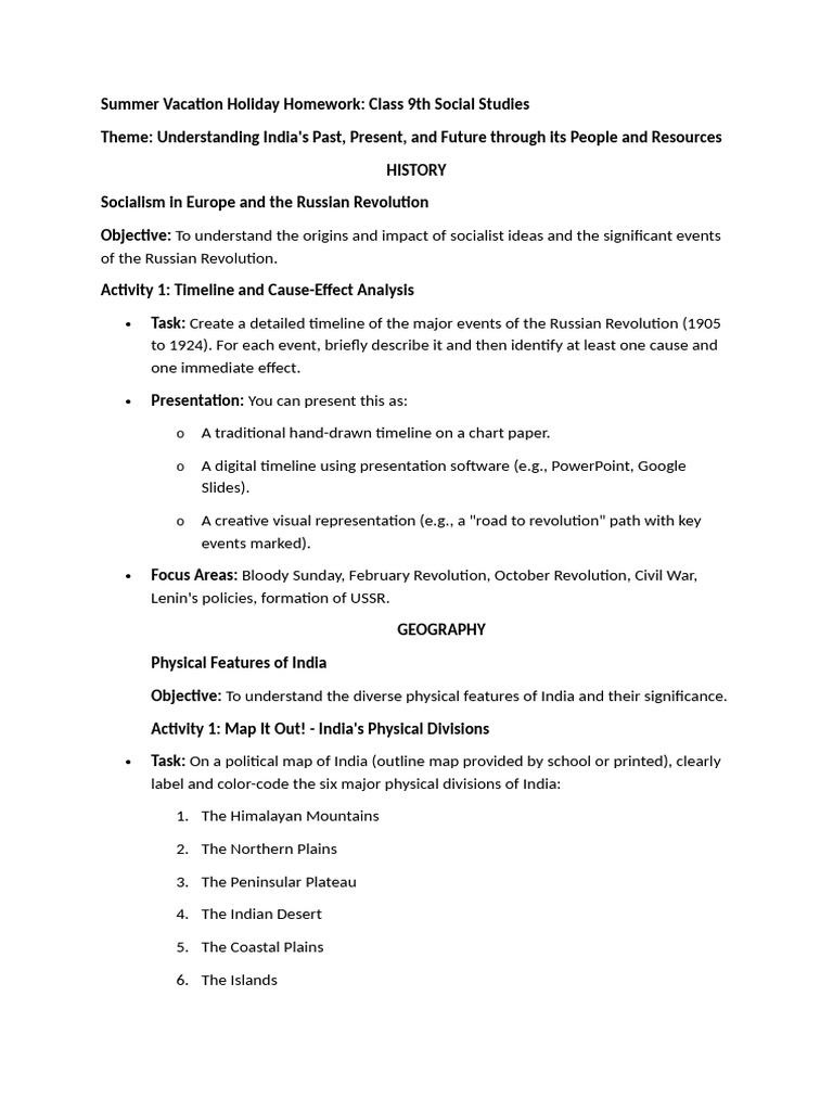 Summer Vacation Holiday Homework CLASS 9TH | PDF