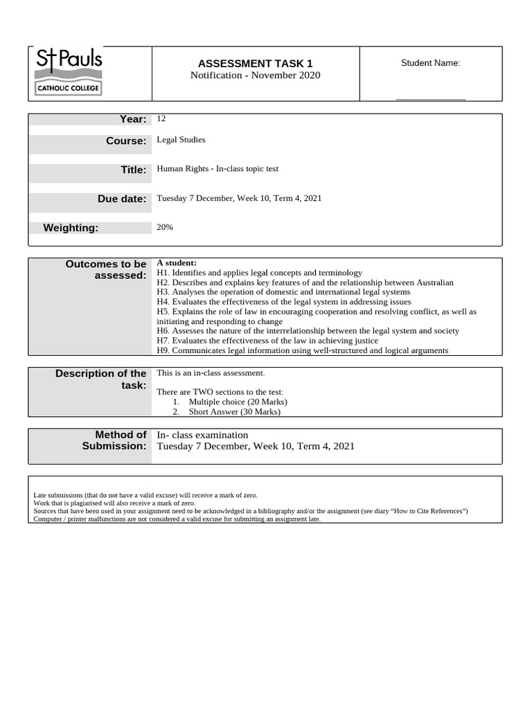 HSC 2020 ASSESSMENT TASK 1 Notification | PDF | Crimes | Crime & Violence