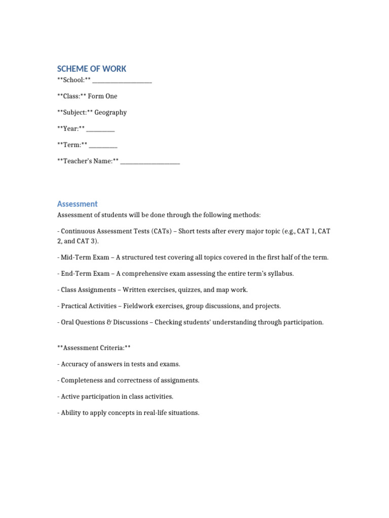 Form One Geography Scheme of Work | PDF