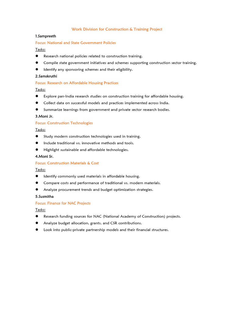 Work Division For Construction&trainig Project | PDF