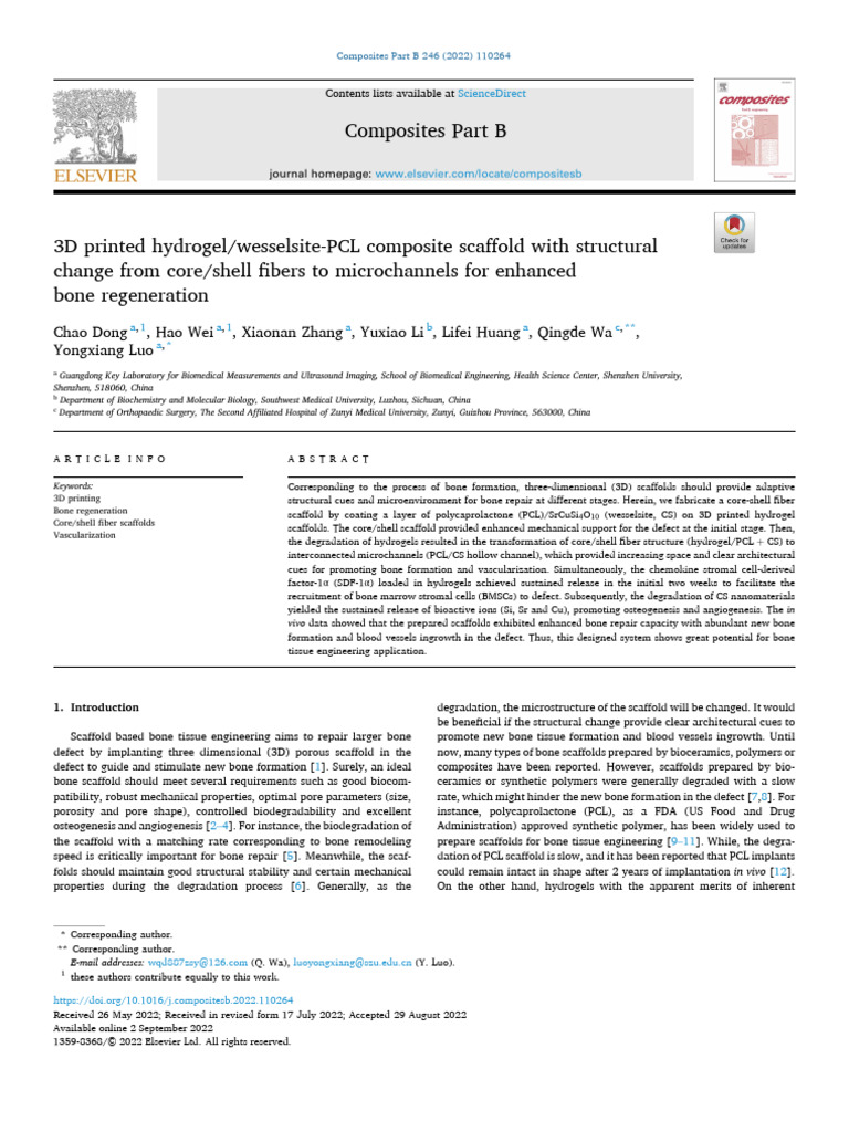 3D Printed Hydrogel-PCL Scaffolds for Bone Regeneration | PDF | Tissue ...