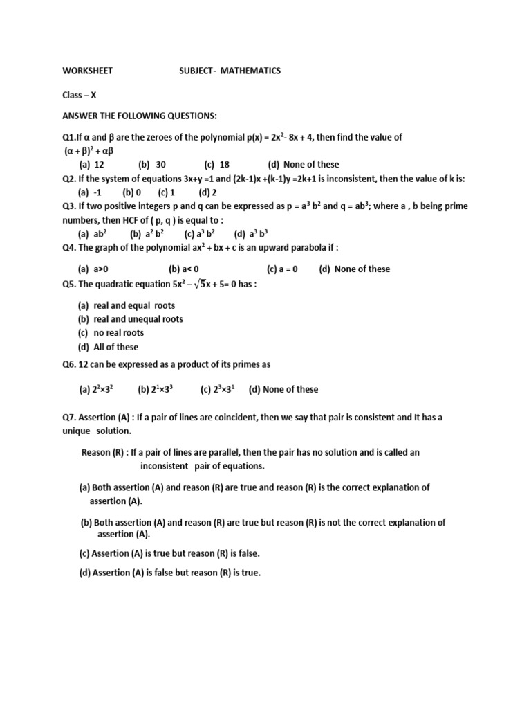 Ev2 Worksheet 1 For Class X | PDF | Quadratic Equation | Mathematical ...
