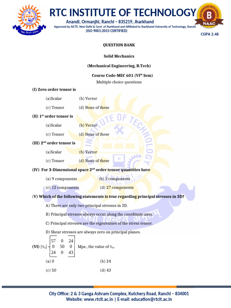MSE-1 Question Bank MEC 601 | PDF | Stress (Mechanics) | Classical ...