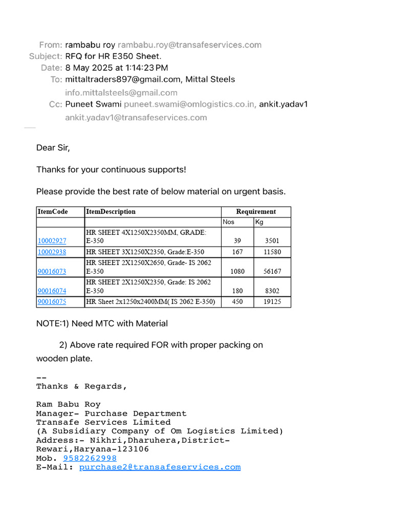 Urgent Material Rate Request for HR Sheets | PDF
