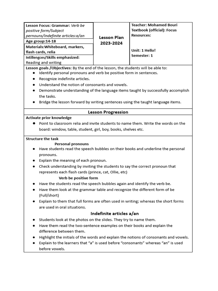 Focus Lesson Plans - Unit1 - Grammar | PDF | Pronoun | Subject (Grammar)