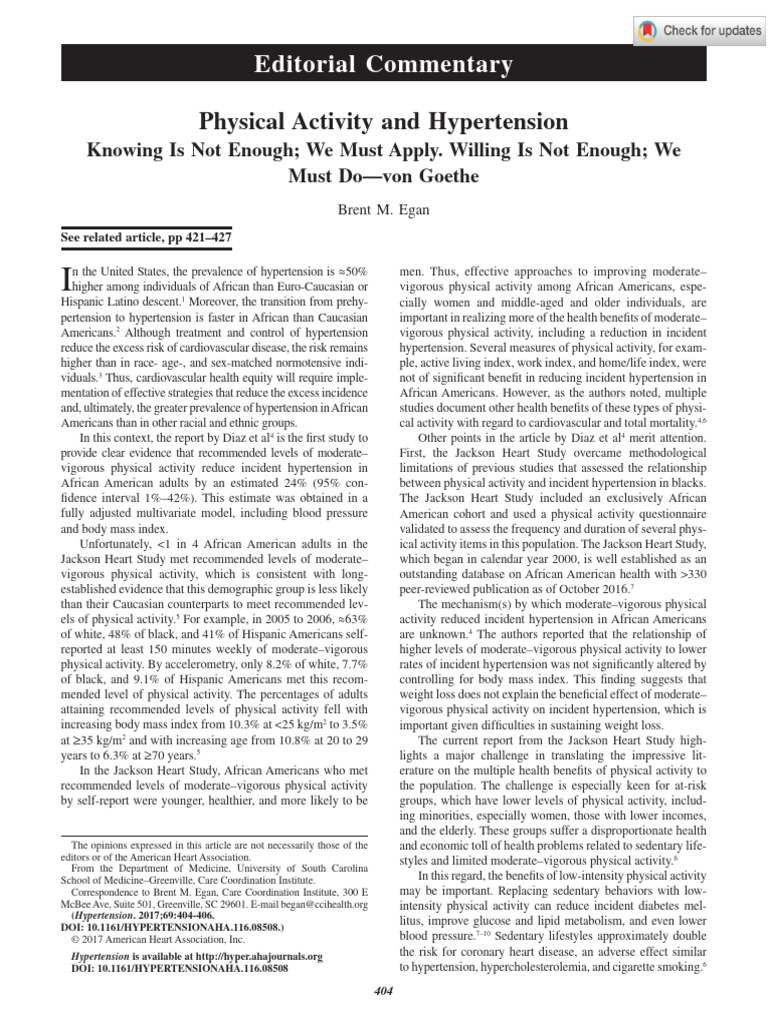 Egan Physical Activity and Hypertension | PDF | Hypertension | Cardiovascular Diseases