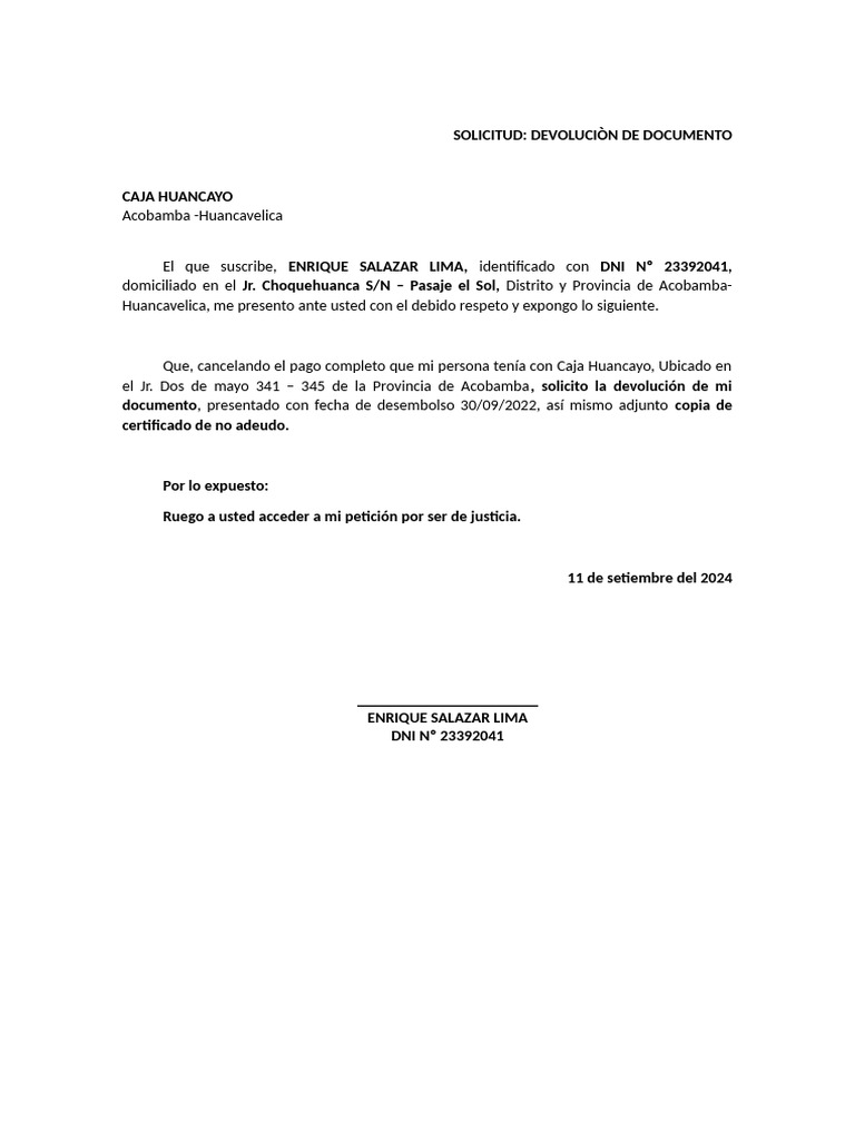 SOLICITUD de devolucion de documento | PDF