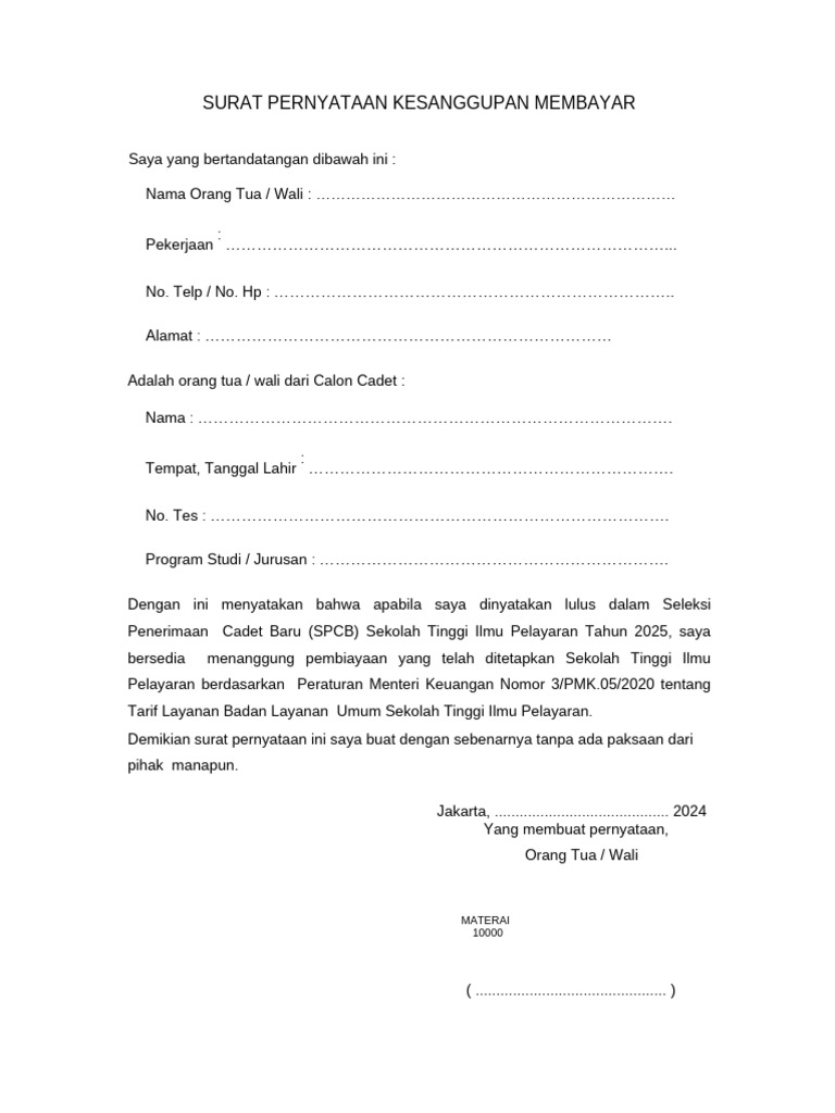 Form Surat Kesanggupan Bayar Pendidikan | PDF