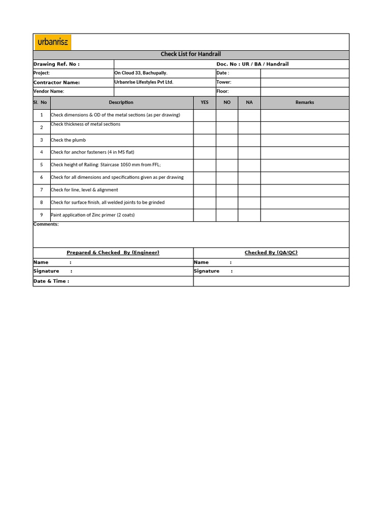 Handrail Quality Check List | PDF
