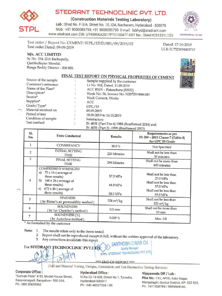 OPC 53 Physical Test Report | PDF