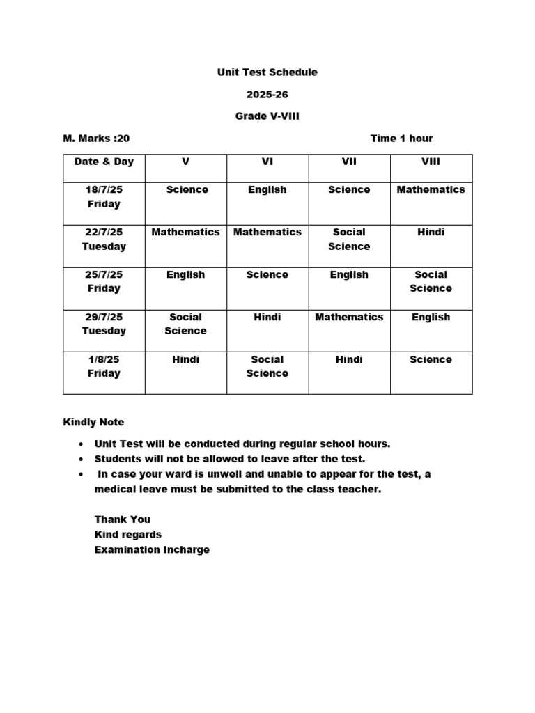 2025-26 Unit Test Schedule for Grades V-VIII | PDF
