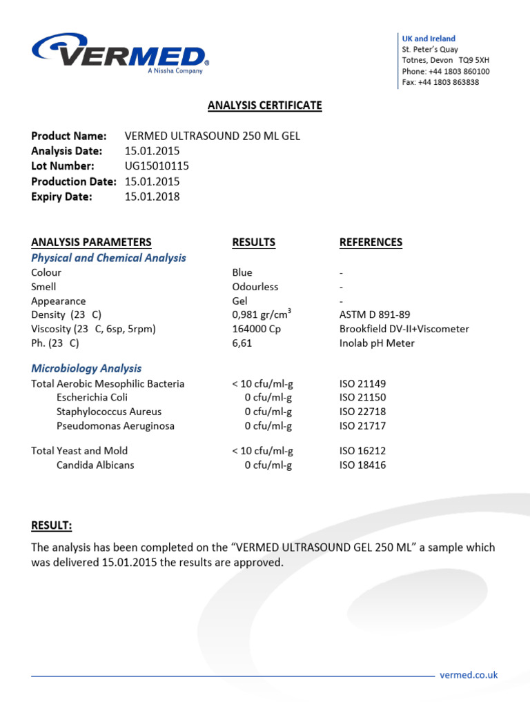 Analysis Certificates for VERMED Gels | PDF