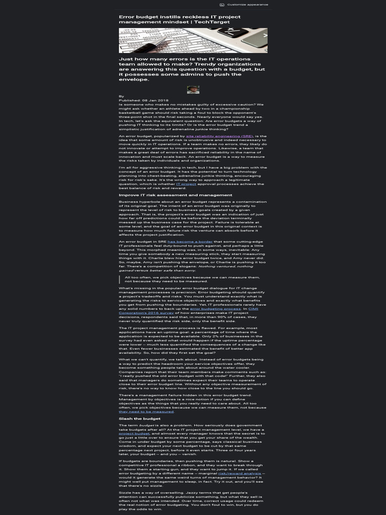 Error Budget Instills Reckless IT Project Management Mindset - TechTarget - Reader Mode | PDF | Risk