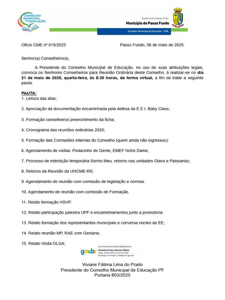 Oficio 019 REUNIAO ExtORD MAIO 25 Assinado | PDF
