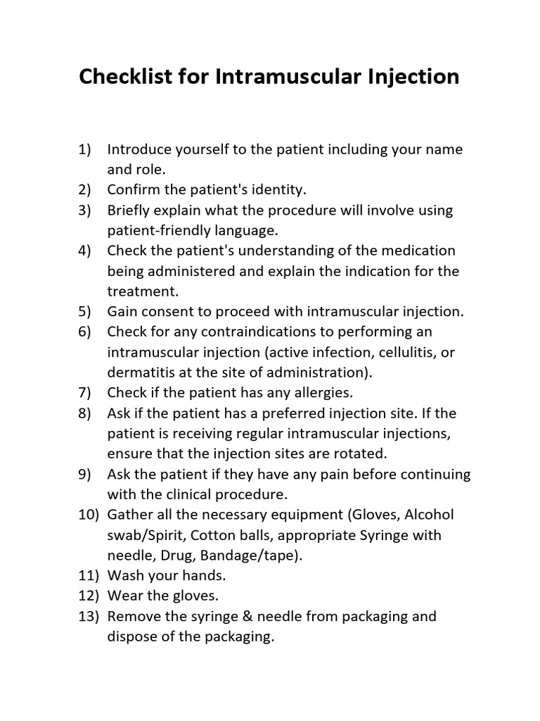 Checklist For Intramuscular Injection | PDF | Injection (Medicine) | Medicine