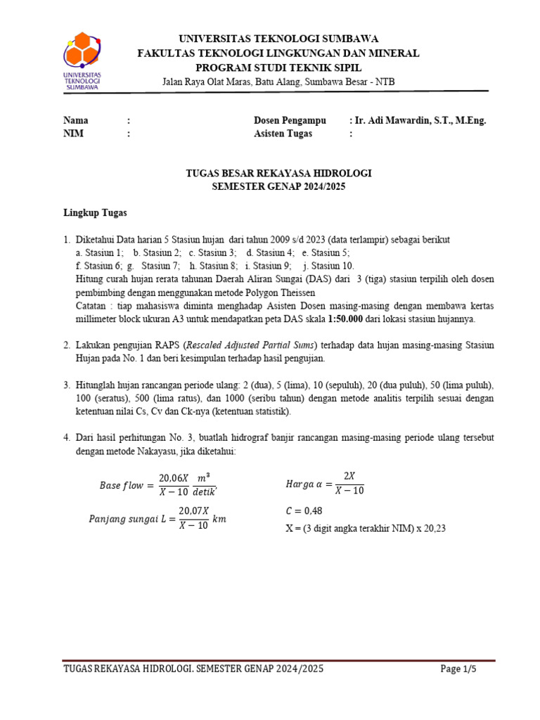 Soal Tugas Hidrologi 2025 - 10 Sta | PDF