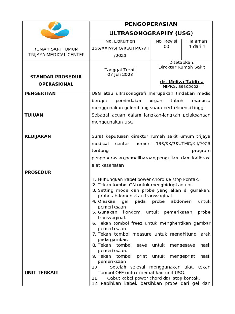 Spo Tata Cara Usg Poli Kebidanan | PDF
