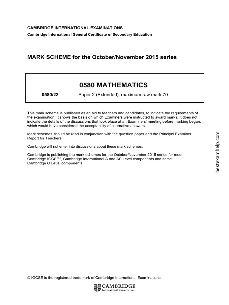0580 Mathematics: MARK SCHEME For The October/November 2015 Series ...
