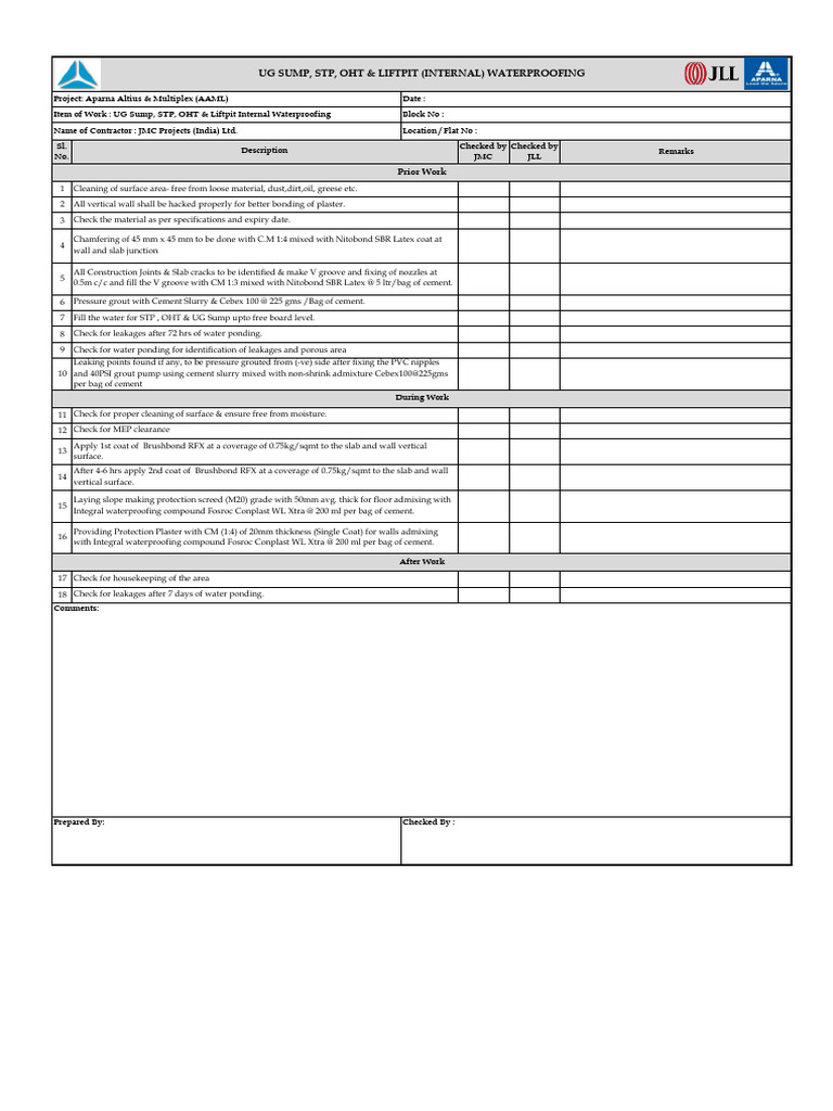 UG Sump, STP, OHT & Liftpit Internal Waterproofing-FOSROC | PDF ...