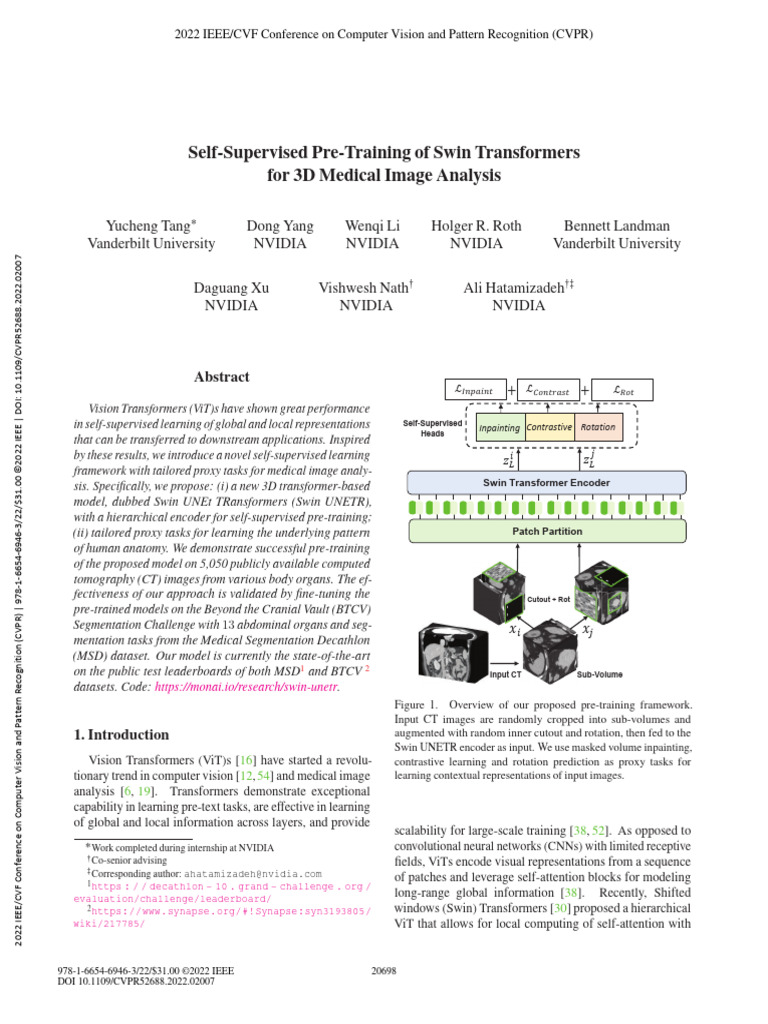 Self-Supervised Pre-Training of Swin Transformers For 3D Medical Image Analysis | PDF | Image ...