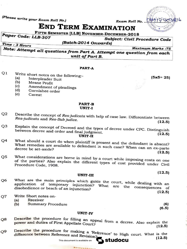 CPC Previous Year Papers 5th Sem Compressed | PDF | Bail | Civil Procedure