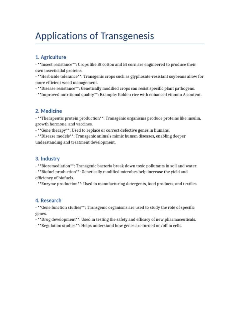 Applications of Transgenesis | PDF