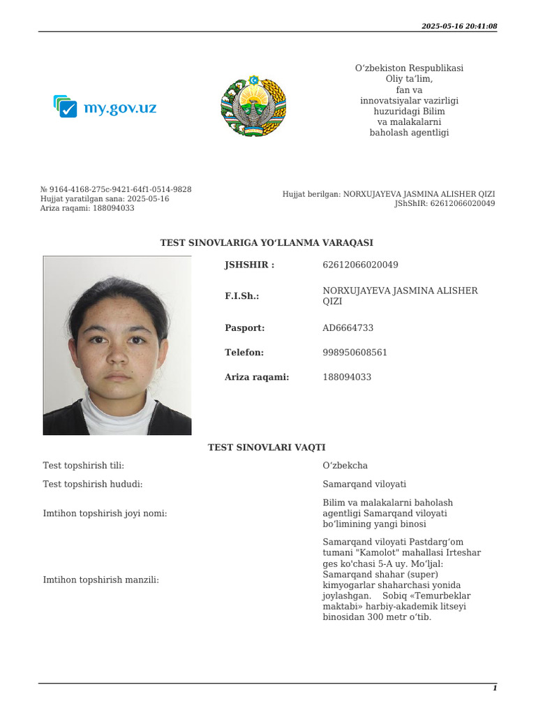 Test Sinovlariga Yo Llanma Varaqasi Jshshir: F.I.Sh.: Pasport: Telefon ...
